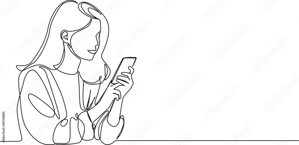 continuous single line drawing of young woman or teenager using ...