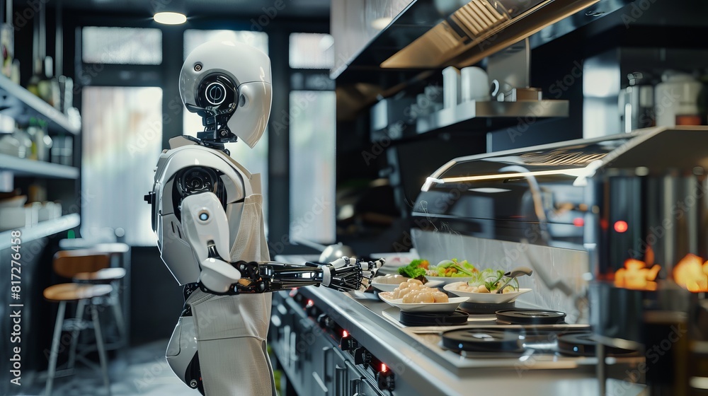 3D rendering of a humanoid robot chef preparing dishes in a restaurant ...