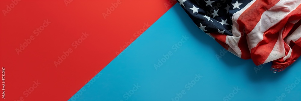 The United States flag crumpled on a clean red and blue diagonal ...