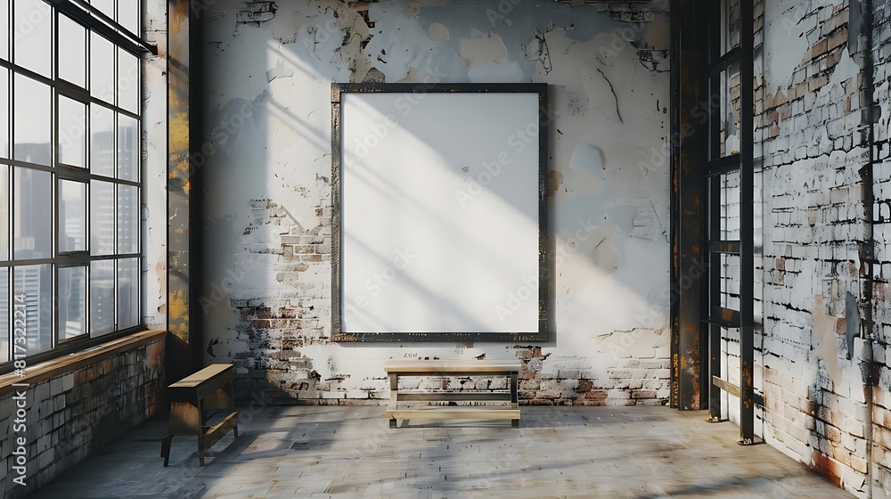 Blank frame in the center of the brick wall with two windows on the ...