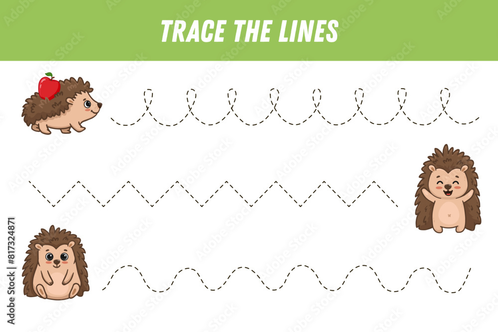 Tracing lines for kids. Cute cartoon forest animals hedgehog ...