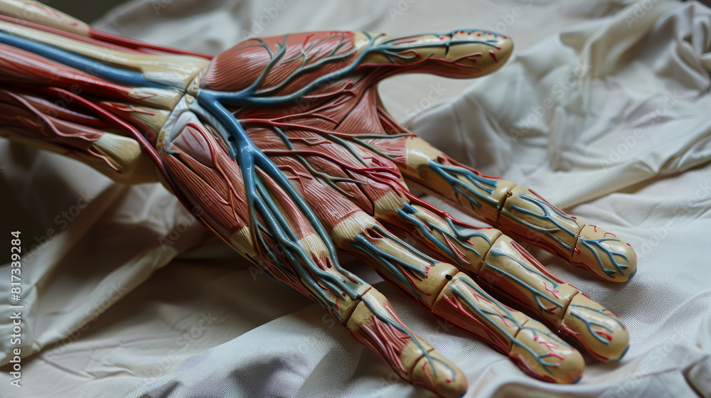 Medical hand model with detailed anatomy of vessels, tendons, ligaments ...