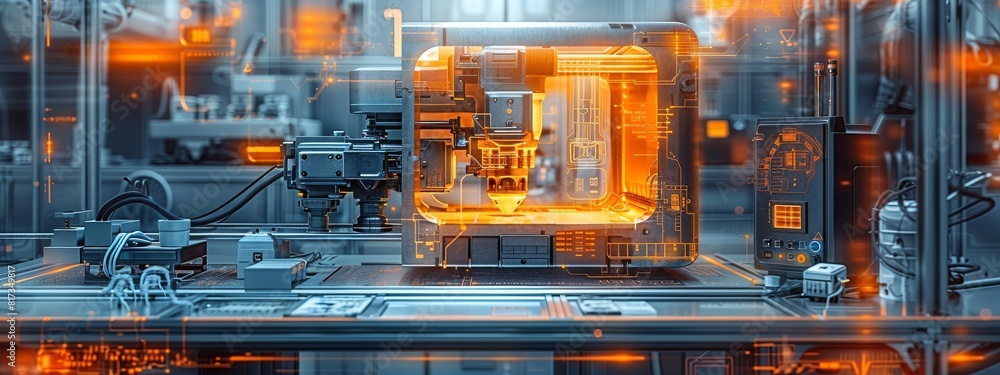 A detailed illustration of a 3D printer creating a complex object ...