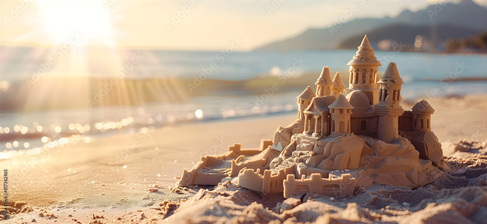 Sand medieval castle on beach. Outdoor kid's game. Sand architecture on ...