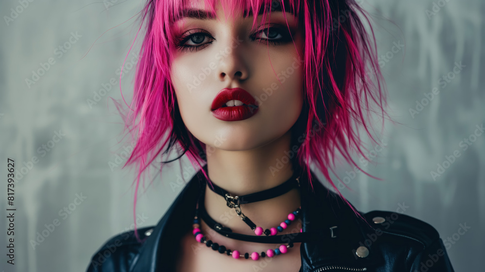 high-fashion look of a young woman in goth attire with pink hair and ...