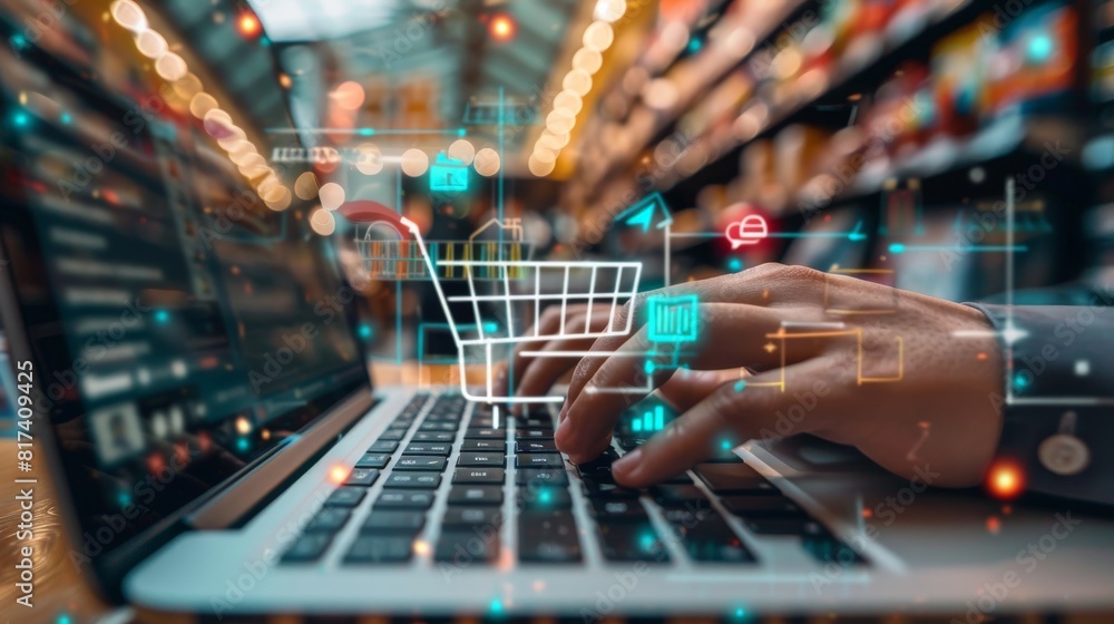 Digital storefront: hands on a laptop keyboard, engaging in online ...