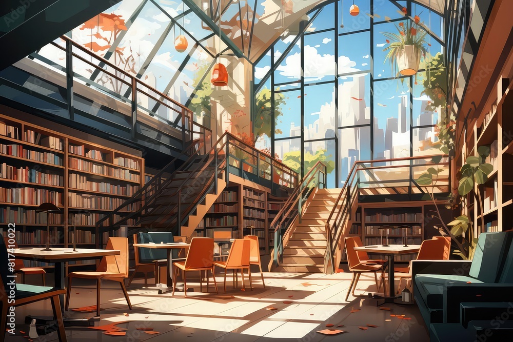 Library background flat design top view bright and airy study theme ...