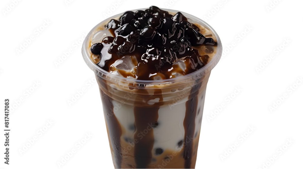 Ultra HD close-up of a tapioca bubble tea with milk, ice, and black ...