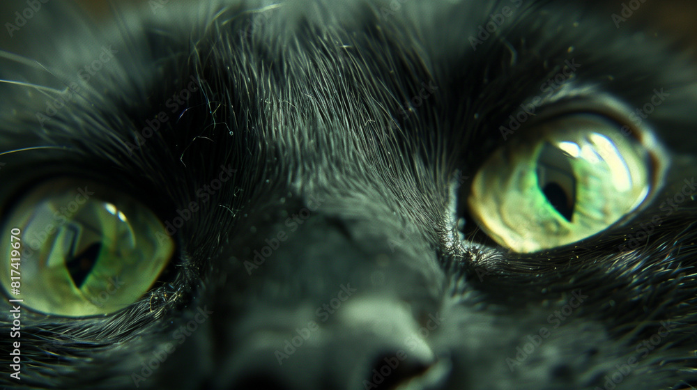 Fisheye perspective photo of a pure black fat cat peering through the ...
