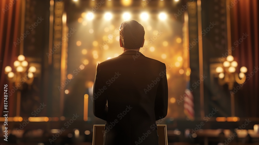 A politician rehearsing their speech tones, focus on, leadership theme ...