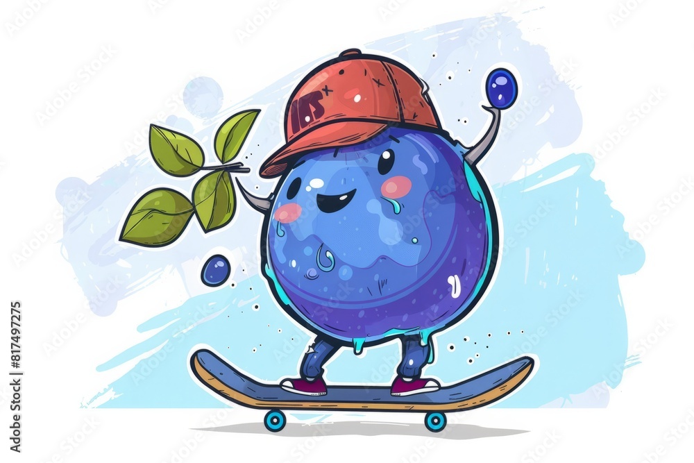 Cartoon cute doodles of a blueberry with a skateboard and backwards cap ...