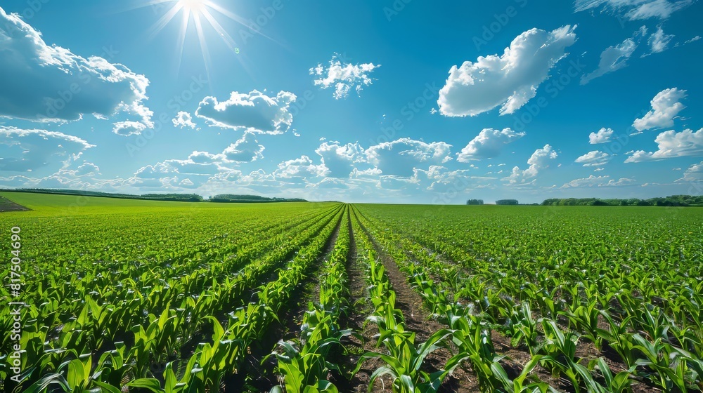 Expansive corn field under a bright blue sky with rows of tall green ...