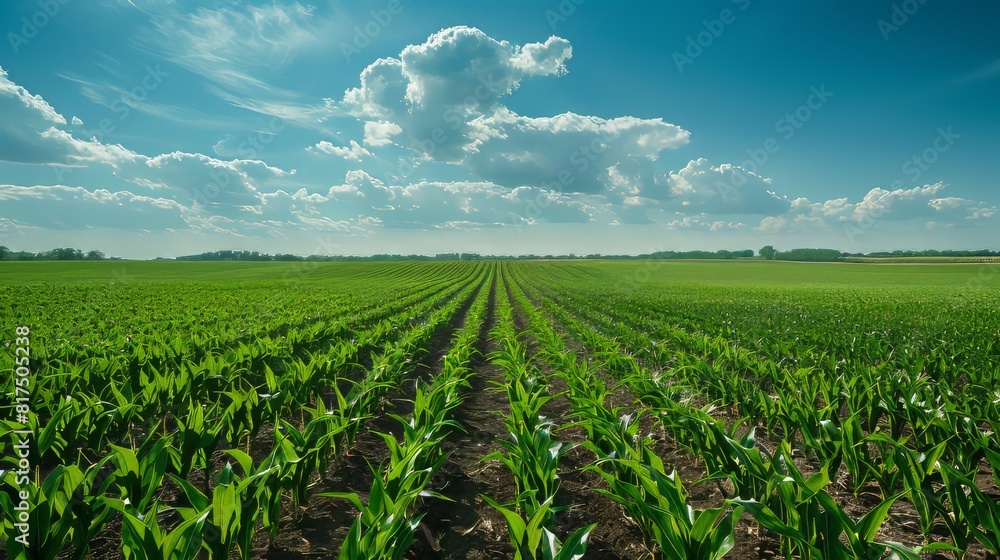 Expansive corn field under a bright blue sky with rows of tall green ...
