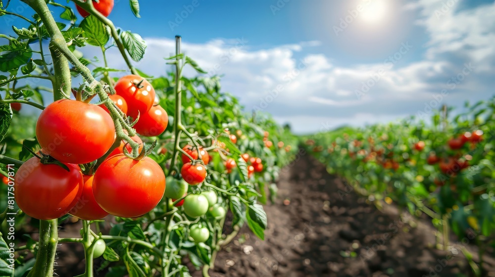 Expansive tomato farm under a bright blue sky with rows of vibrant red ...