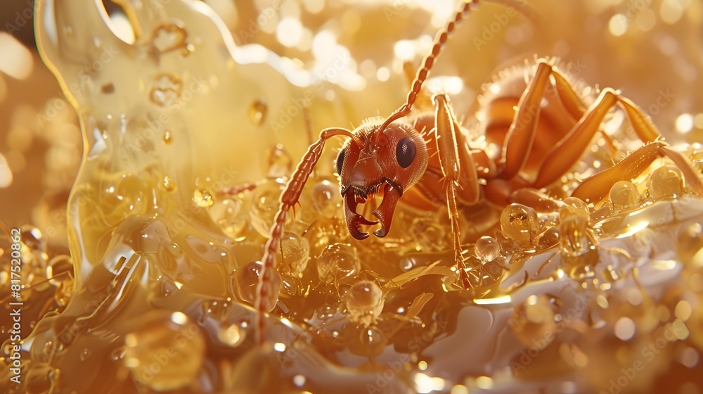 A close up of a red ant on a surface of honey. The honey is thick and ...