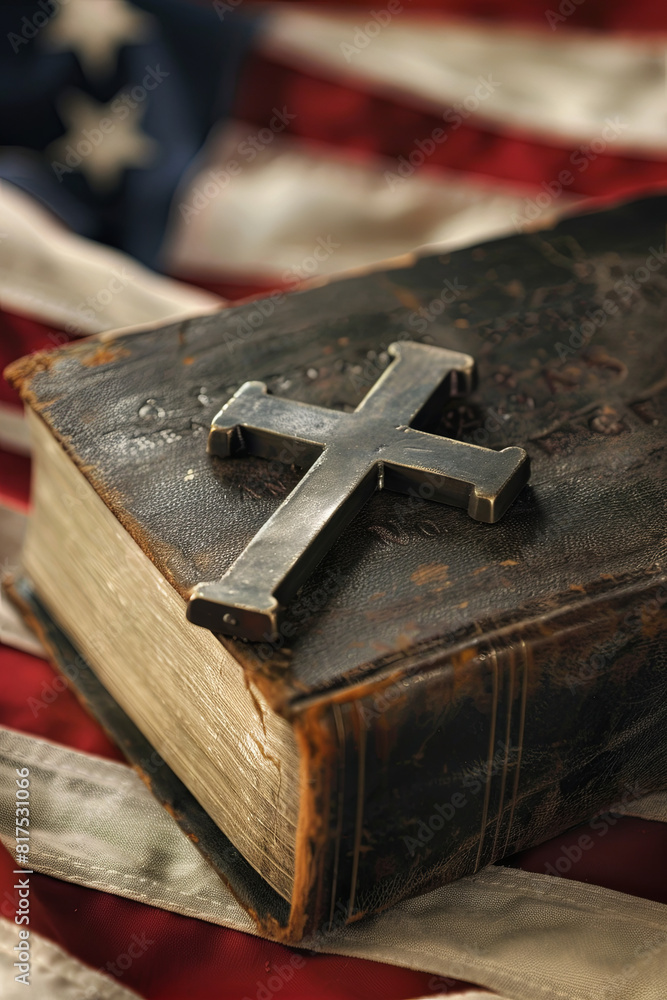 Christian cross resting on a Bible with the American flag, representing ...