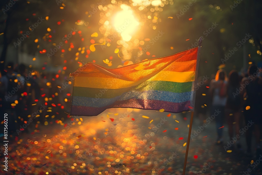 Inspirational Pride Flag Waving in Golden Evening Light Amidst a Shower ...