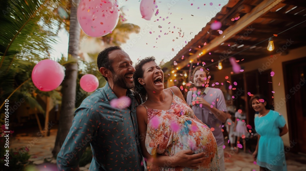 Gender reveal announcement outdoor. Loving family with all relatives ...