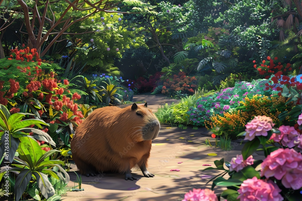 Cute capybara walking in a beautiful garden full of colorful flowers ...