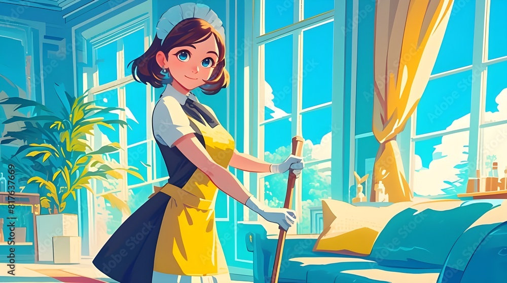 Anime girl cartoon illustration. Happy cleaner housekeeper working at ...