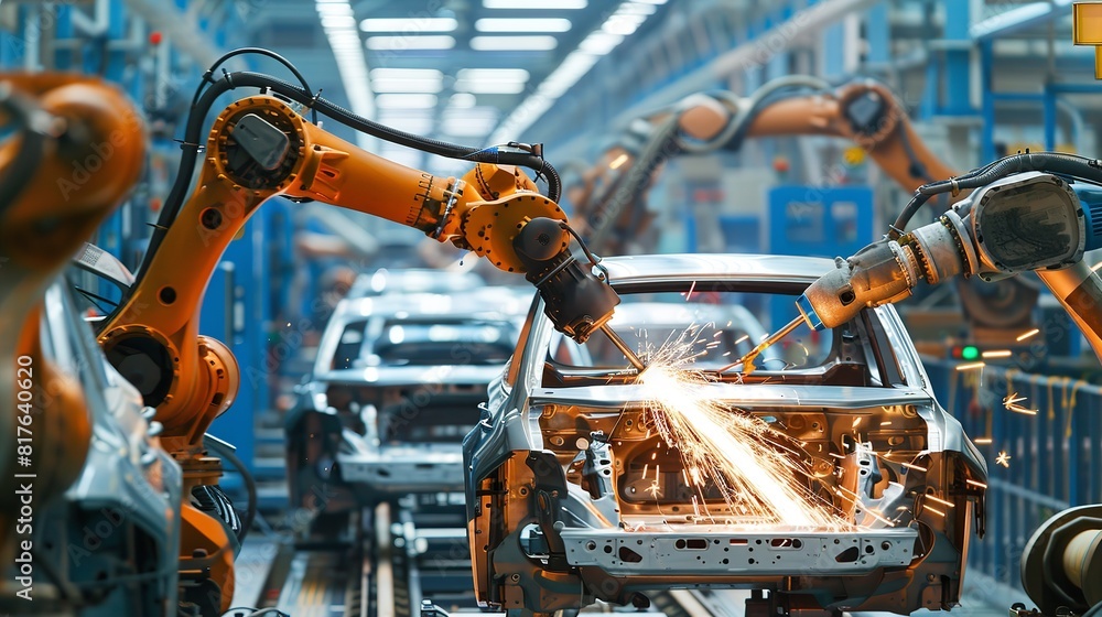Automated robots are diligently assembling a car on an industrial ...