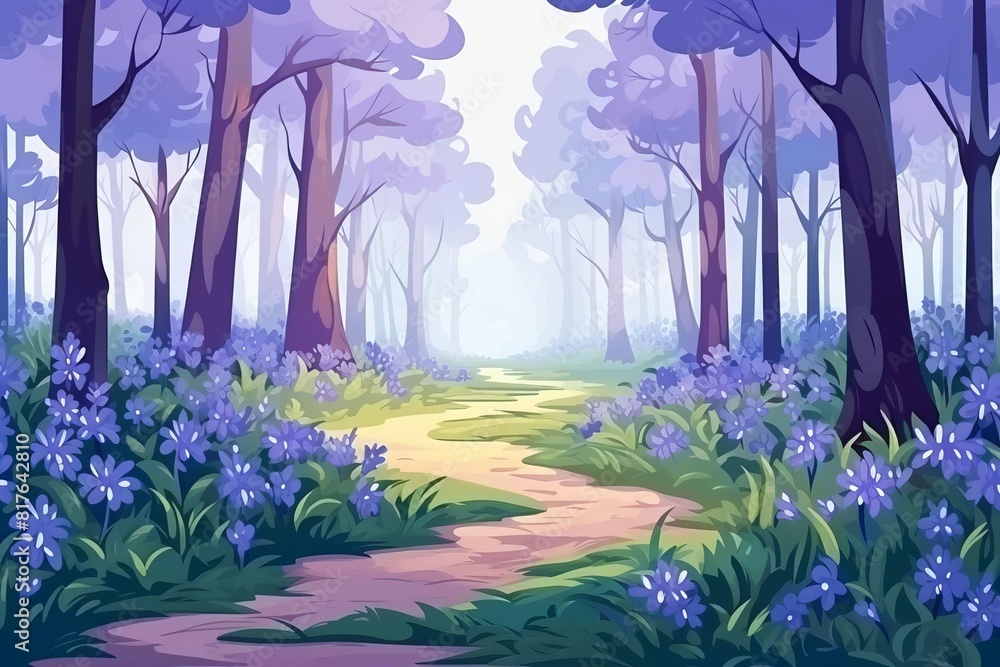 Bluebell woods flat design top view spring carpet theme cartoon drawing ...