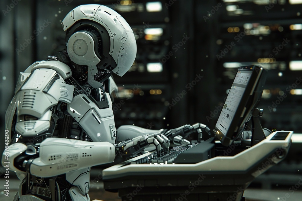 Robot assistant with typewriter, big data matrix, artificial ...