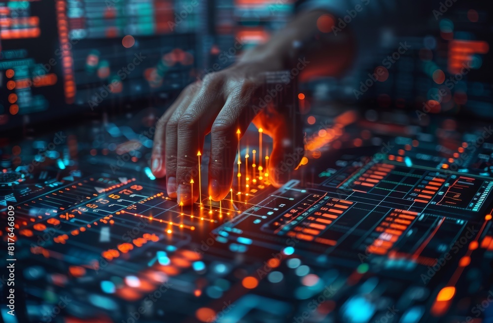 Futuristic businessman interacting with a glowing virtual interface of ...