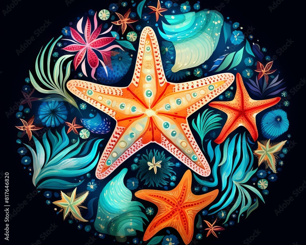 Ocean mandala flat design top view marine life theme water color vivid ...