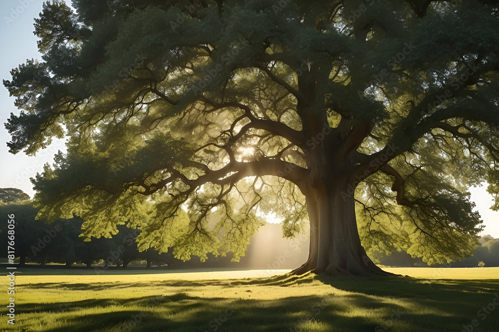 In summer ,sunlight filtering through the leaves of a towering oak tree ...