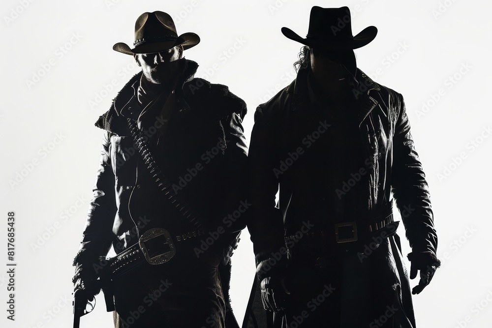 Silhouette of two outlaw cowboys in dark attire against a white ...