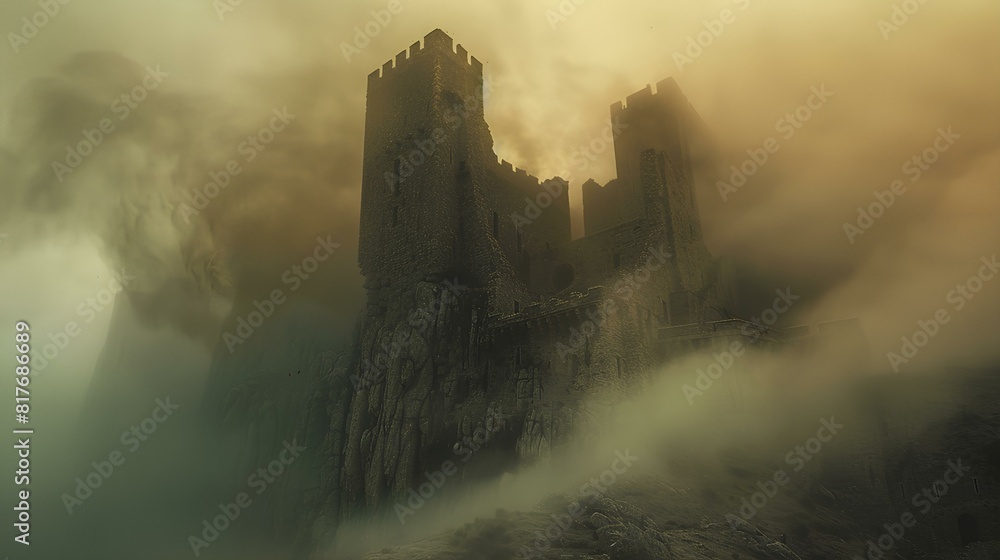 Ruined Castle in Misty Landscape,An ancient, ruined castle stands ...