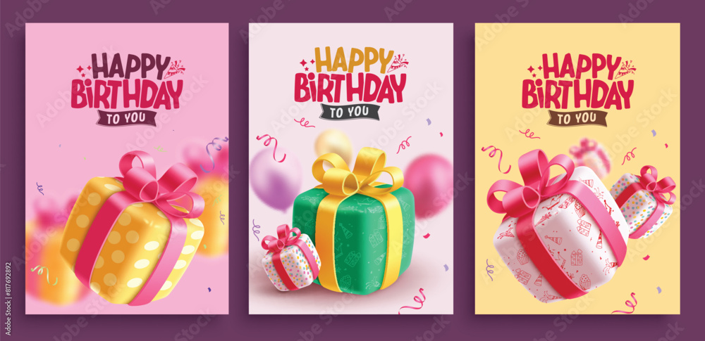Happy birthday greeting vector poster set design. Birthday gift boxes ...