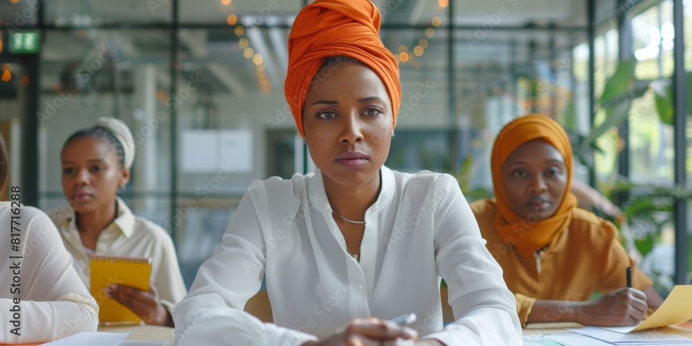 Meeting, black lady business person headache, tension, anxiety ...