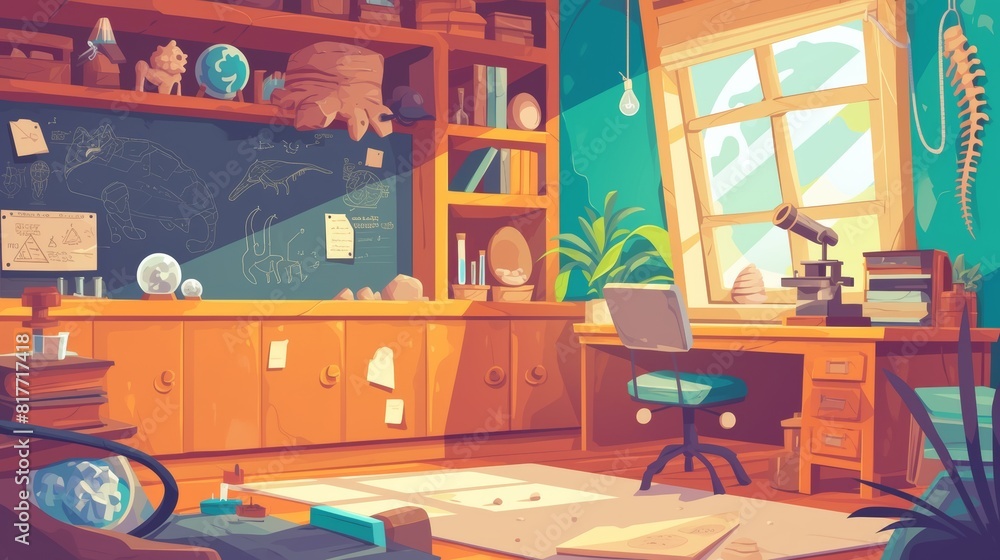 Interior of archeology science lab with fossils. Modern cartoon ...