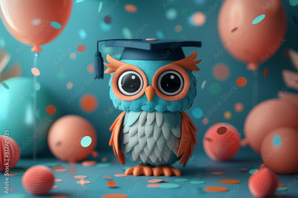 Cute toy owl in graduation cap on background of confetti and balloons ...