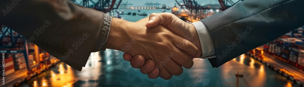 Powerful corporate handshake with a bustling port and mechanical gears ...