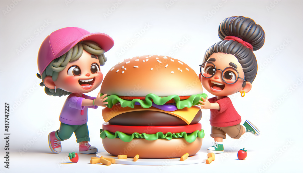 3D Caricature of Kids Playing with a Giant Cartoon Hamburger, Food Fun ...
