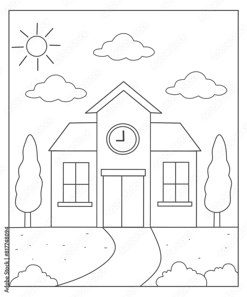 School building coloring page for kids, back to school worksheet ...