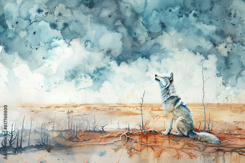 Capture the heartbreaking scene of a lone wolf howling in a barren ...