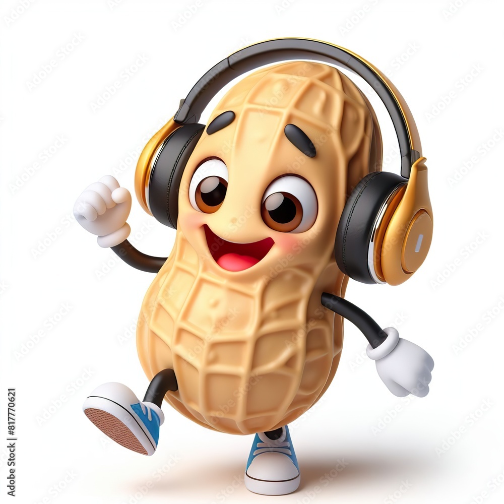 cute 3D funny cartoon peanut with small wireless headphone on head ...