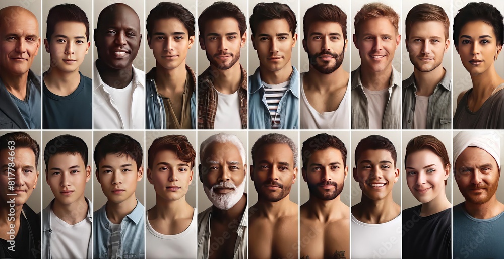A diverse group of men from various cultural backgrounds, all smiling ...