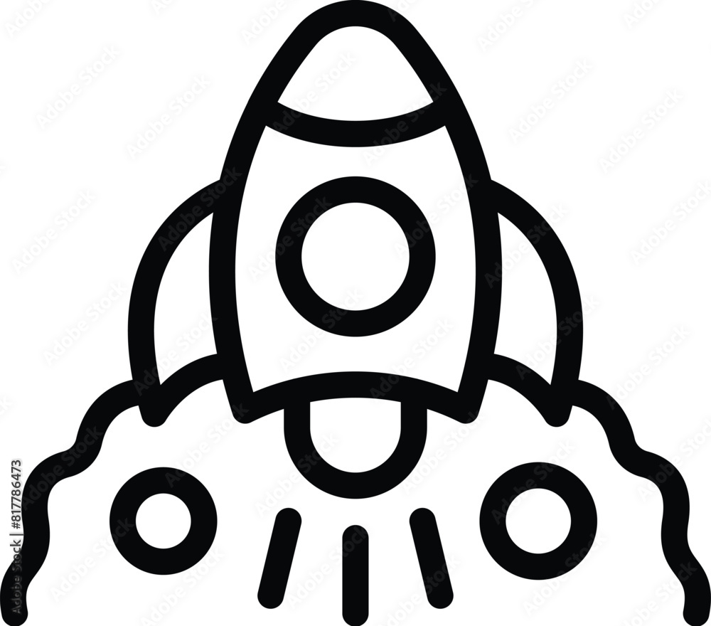 Cartoon rocket launch icon in black and white line art style for space ...