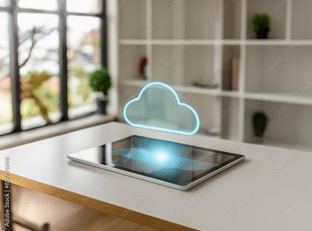 On a pristine white desk, there is a transparent tablet displaying an ...