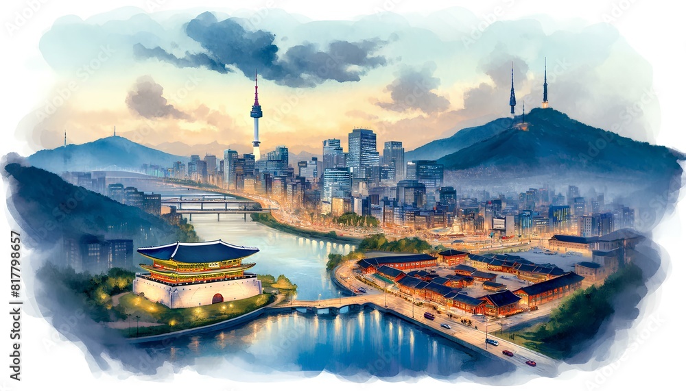 watercolor painting featuring significant landmarks of Seoul, South ...