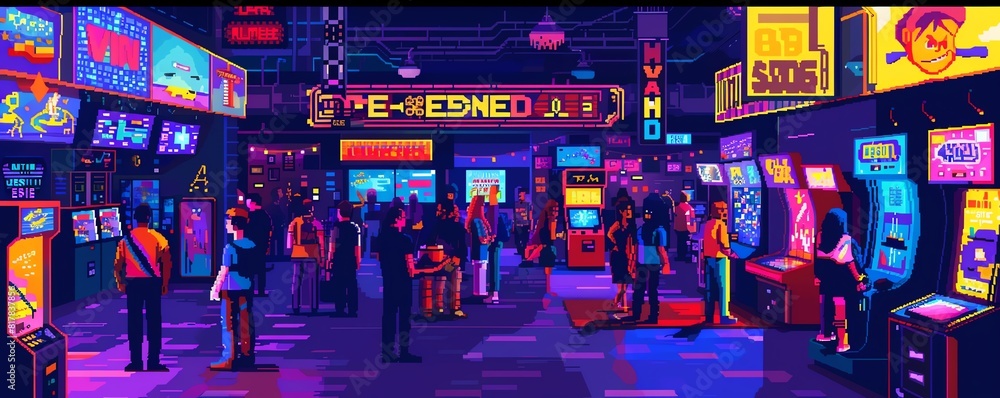 Create a pixel art image of a crowded arcade in the 1980s. Include ...