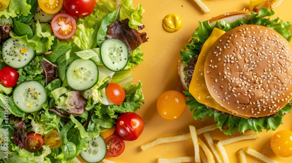 Healthy Food vs. Junk Food: Overhead Comparison of Fresh Salad and ...