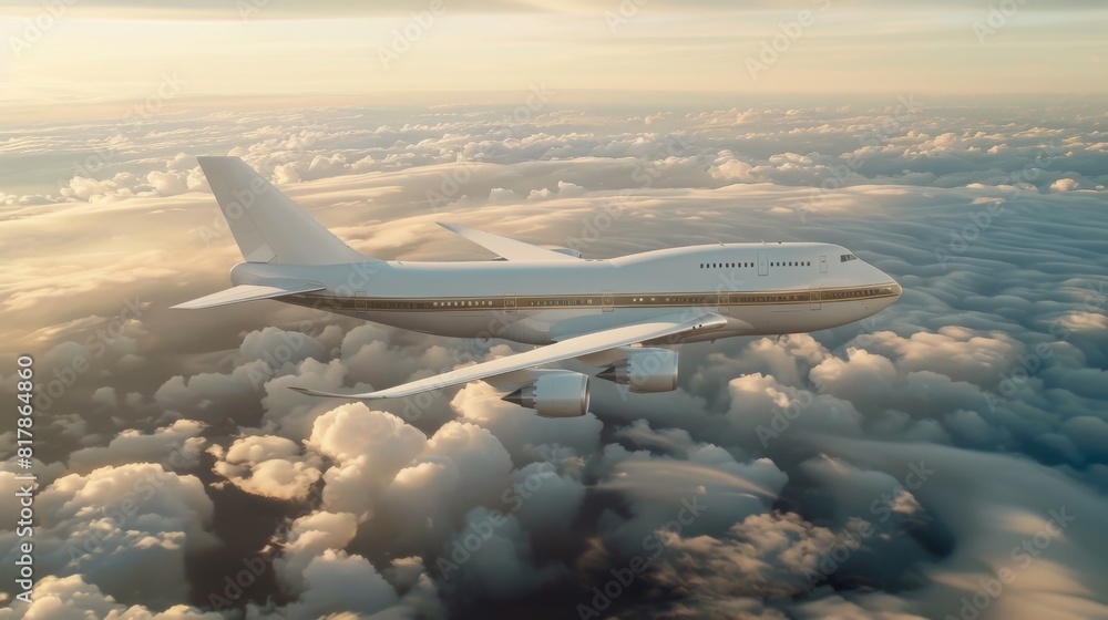 Passenger plane in flight. The wide-body 4-engine aircraft flying over ...