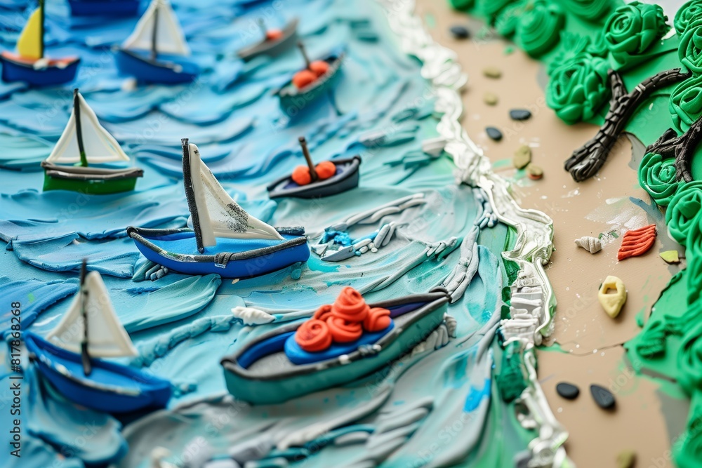 Colorful clay model of sailboats on the sea with waves and coastal ...