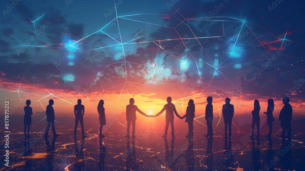 Teamwork of business people around the world through smart innovation ...